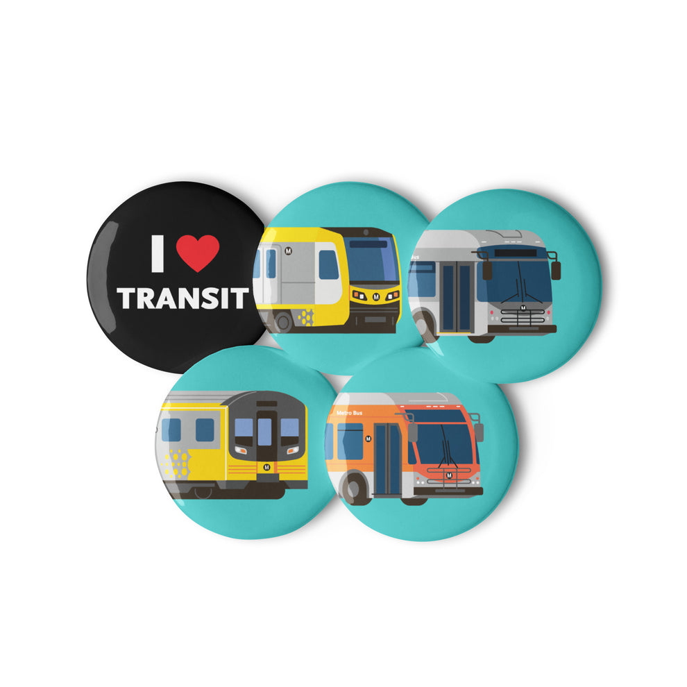 Buses and Trains Pin-Back Buttons 5-Pack – Metro Shop